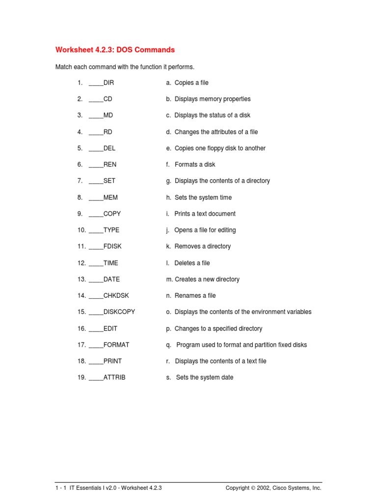 Worksheet 4.2.3: DOS Commands: 1 - 1 IT Essentials I v2.0 - Worksheet 4 ...
