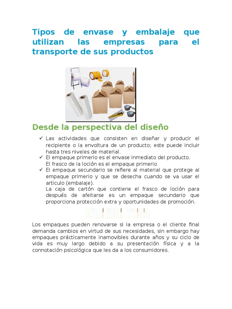 Tipos de Envase y Embalaje Que Utilizan Las Empresas para El Transporte de Sus Productos | PDF ...