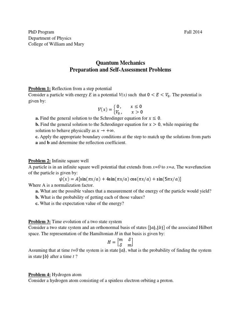 Quantum Mechanics Preparation and Self-Assessment Problems | PDF | Spin (Physics) | Wave Function
