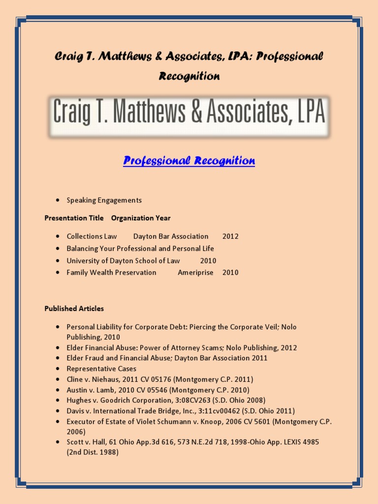 Craig T. Matthews & Associates, LPA: Professional Recognition | PDF ...