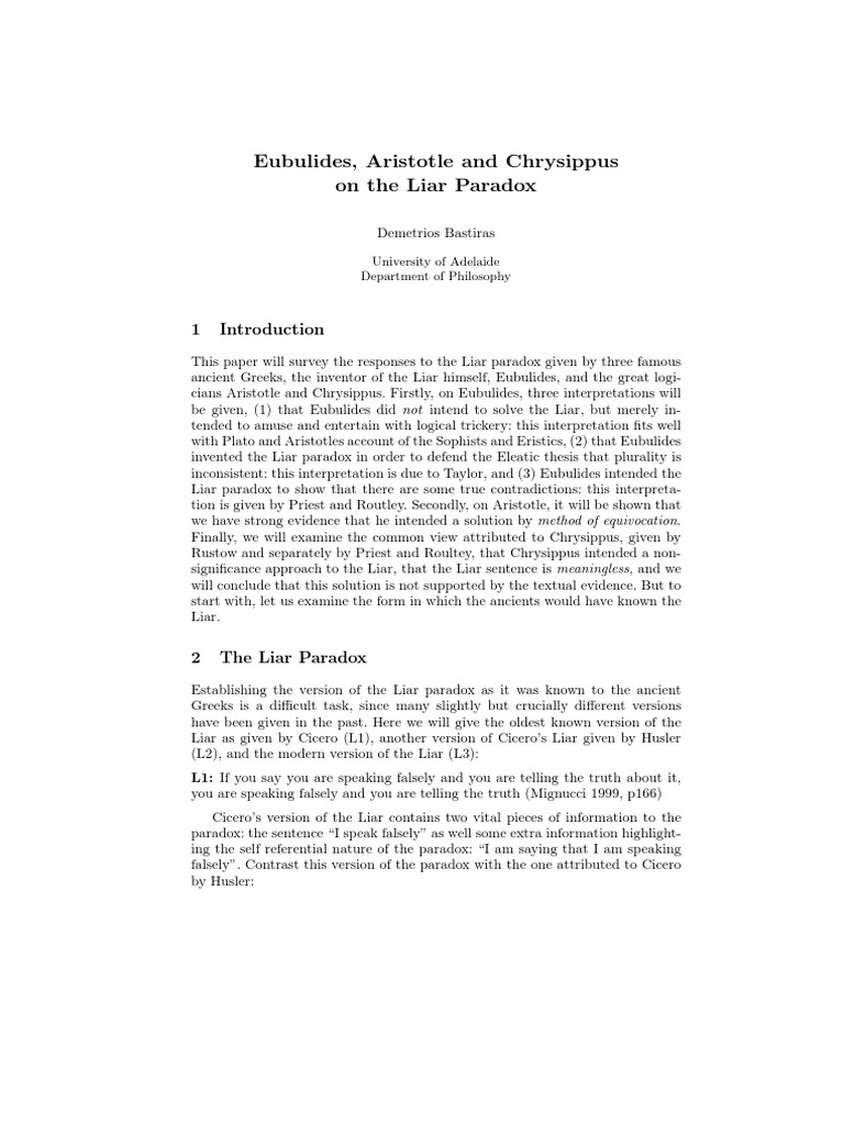 Eubulides, Aristotle and Chrysippus On The Liar Paradox: University of ...