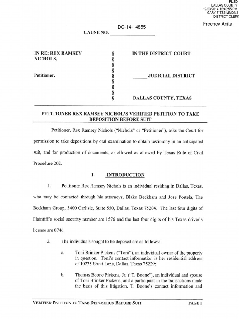 Nichols' Petition for Deposition Against Pickens | PDF | Computer File ...