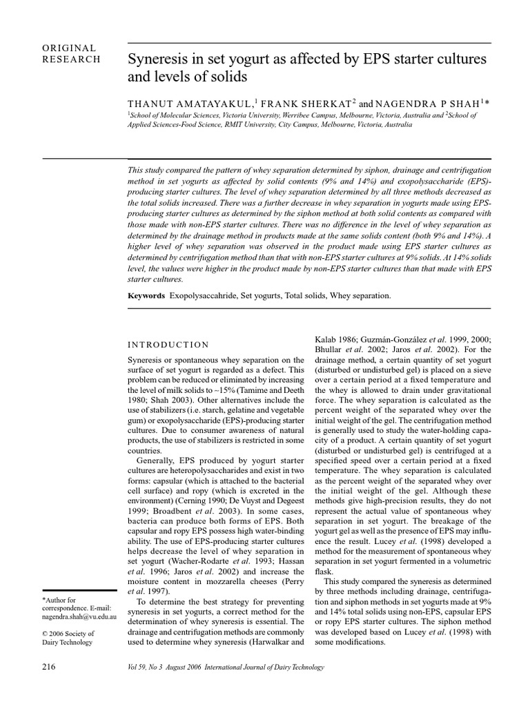 Syneresis in Set Yogurt Starter | PDF | Yogurt | Dairy