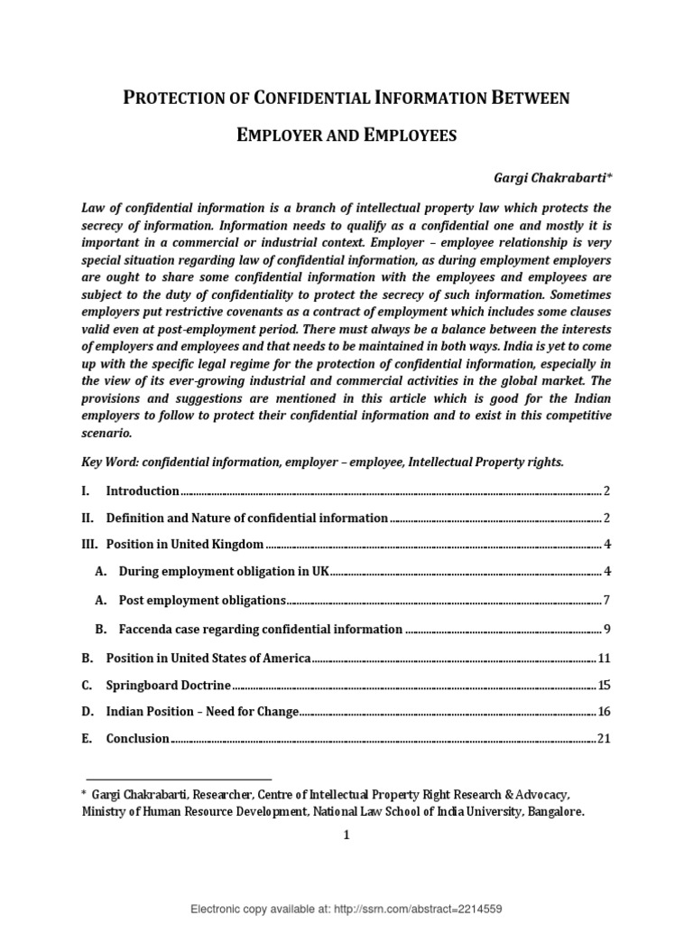 Protection of Confidential Information Between Employer and Employees ...