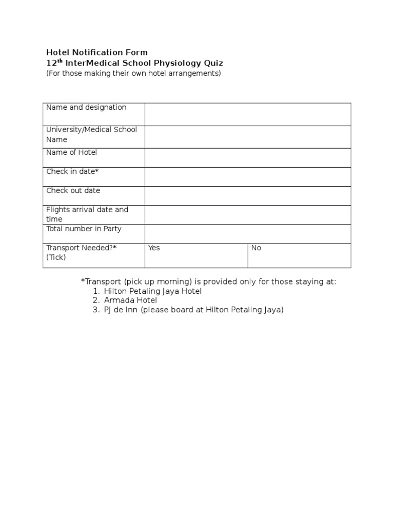 Hotel Notification Form 12 Intermedical School Physiology Quiz | PDF