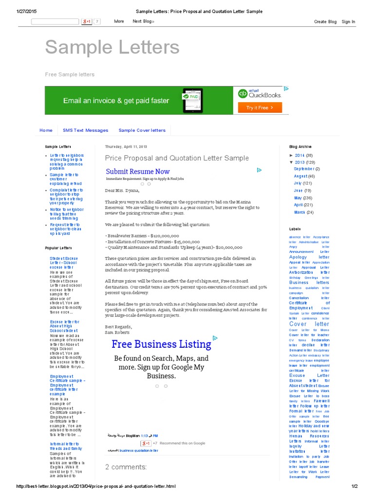 Sample Letters - Price Proposal and Quotation Letter Sample | PDF ...