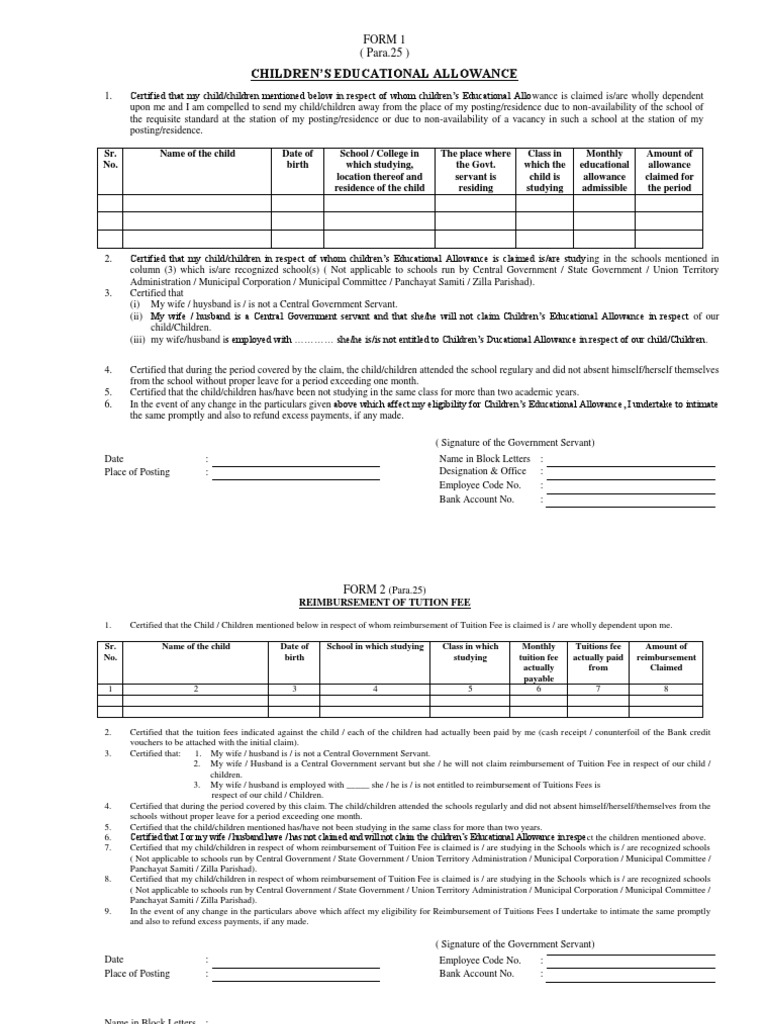 Children'S Educational Allowance: Form 1 (Para.25) | PDF | Fee | Payments