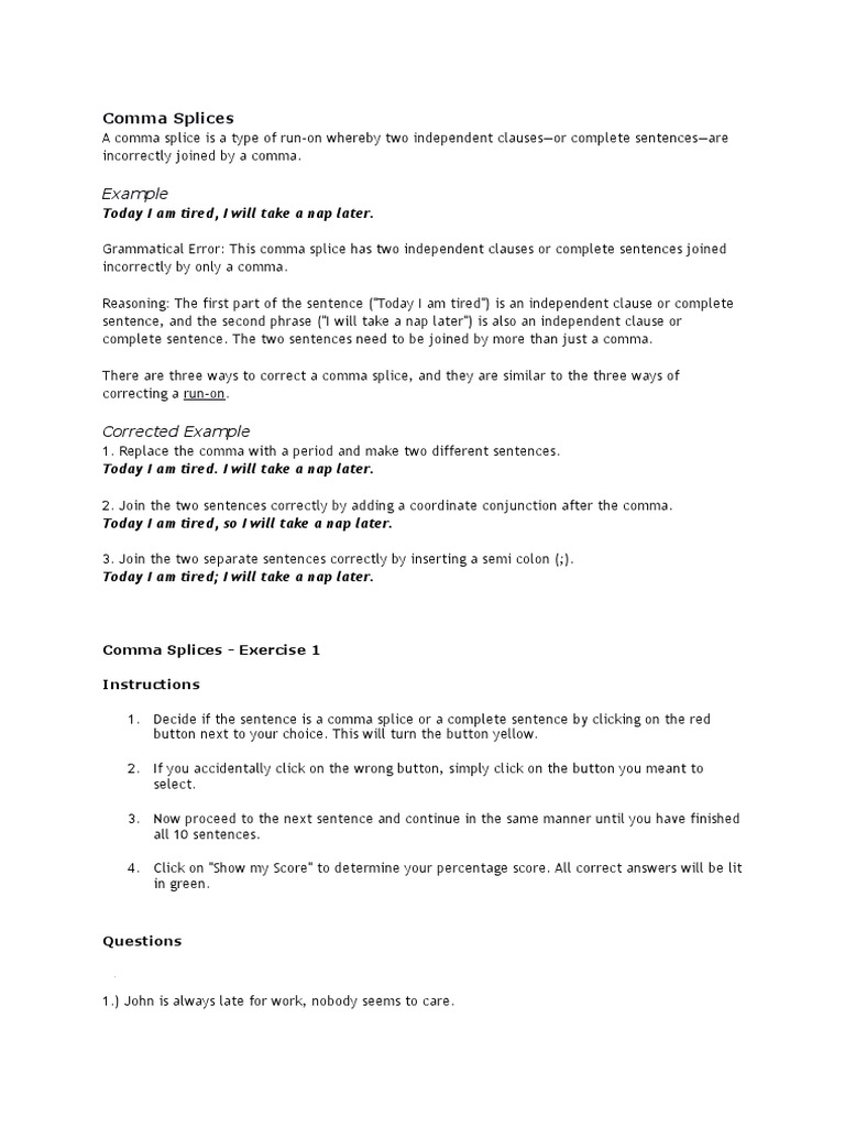 Comma Splices | PDF | Comma | Clause