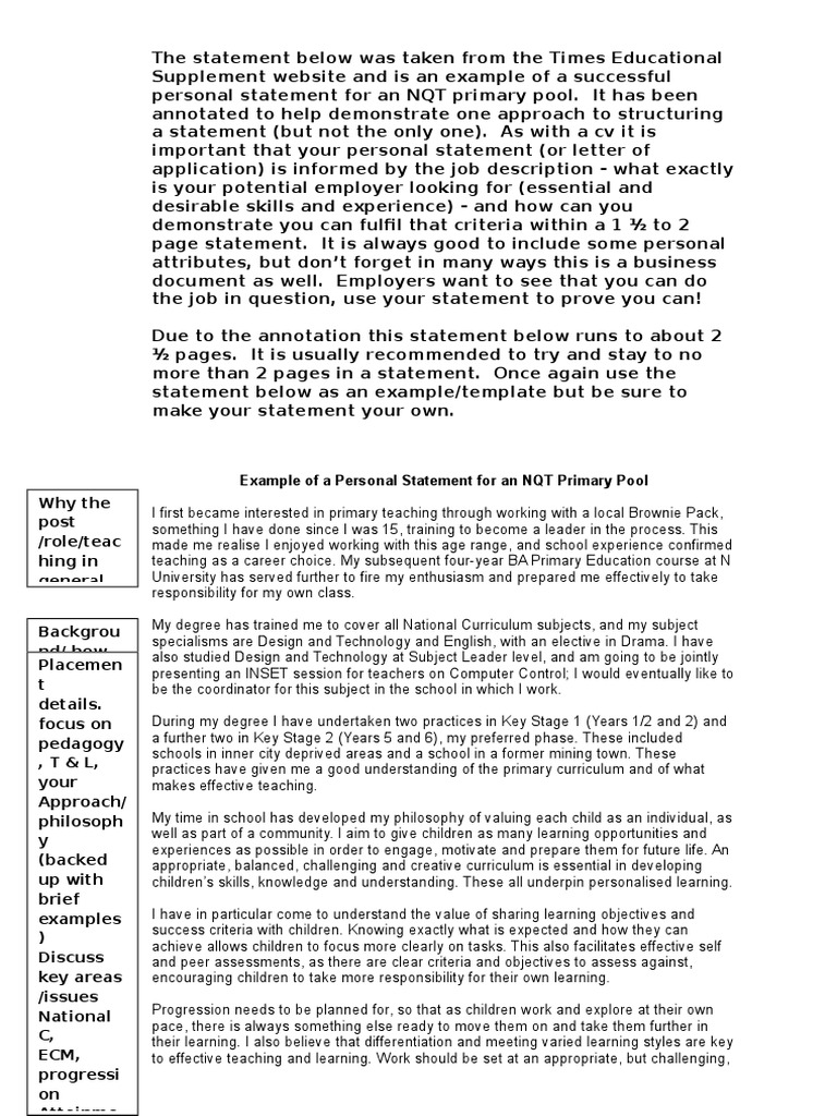 Example of A Personal Statement For An NQT Primary Pool | PDF ...