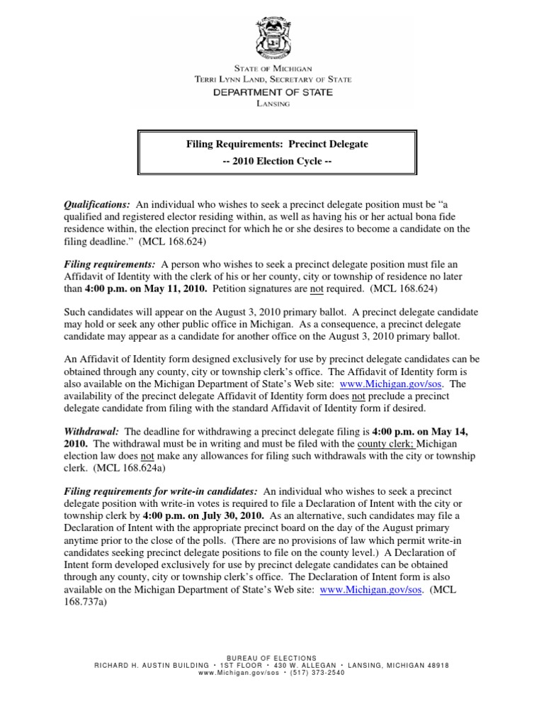 MI Filing Requirements: Precinct Delegate - 2010 Election Cycle ...