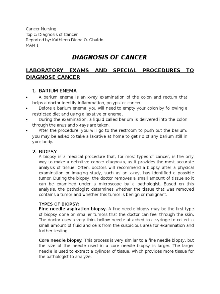 Diagnosis of Cancer: Laboratory Exams and Special Procedures To ...