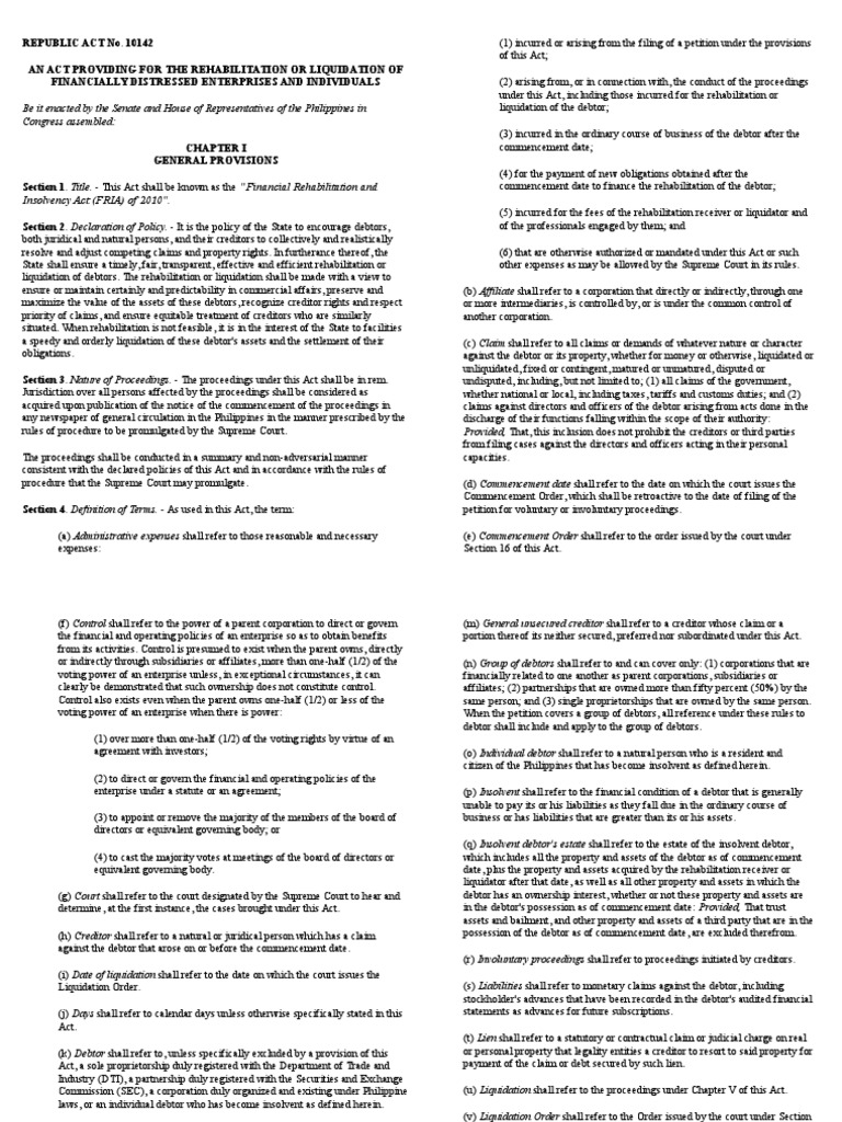 FRIA Law | PDF | Bankruptcy | Receivership