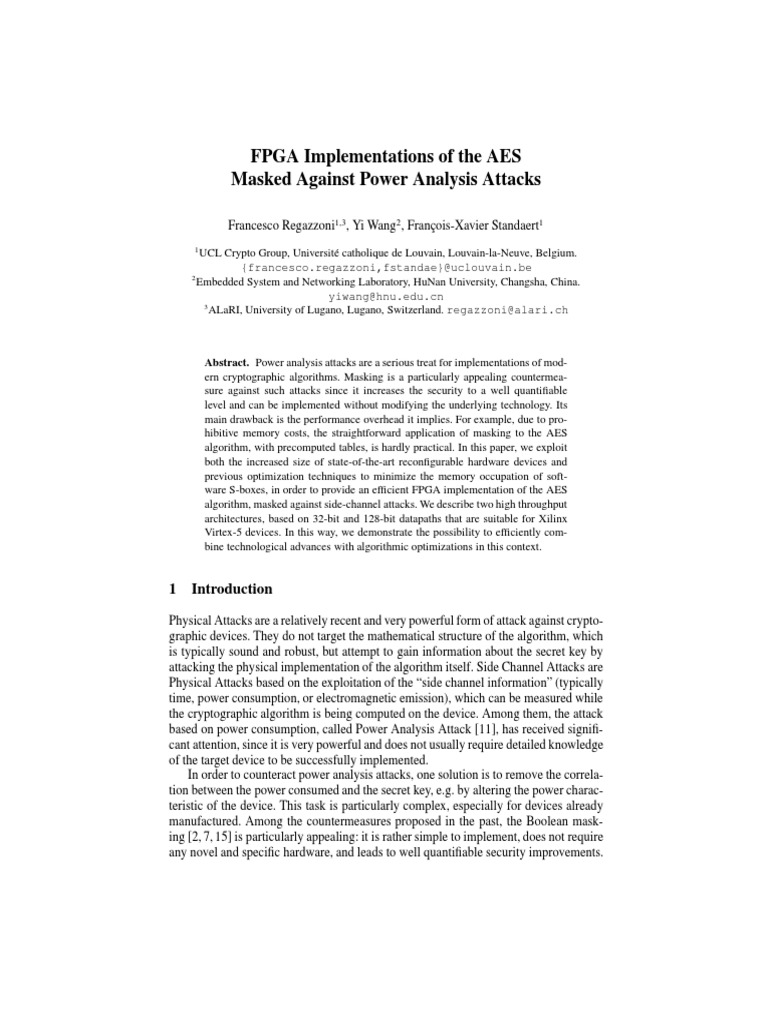 FPGA Implementations of The AES Masked Against Power Analysis Attacks | PDF | Field Programmable ...