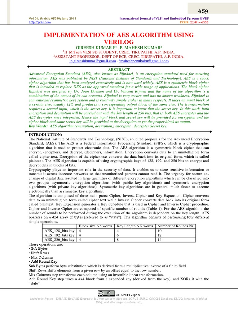 Implementation of Aes Algorithm Using Verilog: Gireesh Kumar P, P. Mahesh Kumar | PDF | Cipher ...