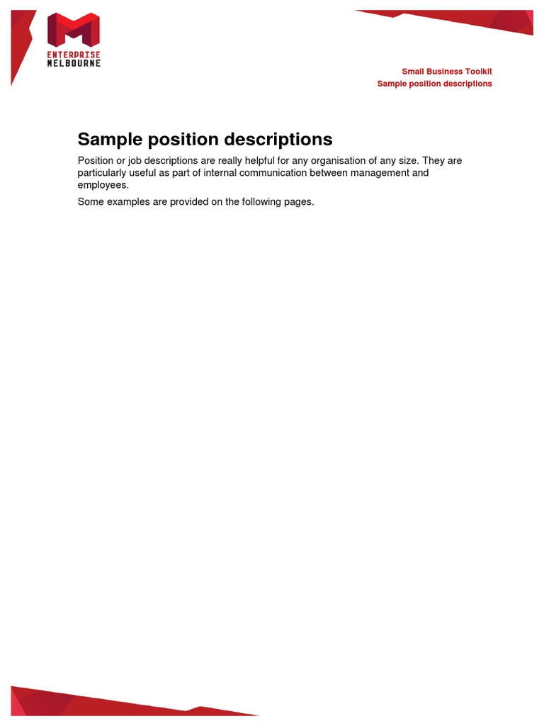 Sample Position Descriptions | Download Free PDF | Sales | Small Business