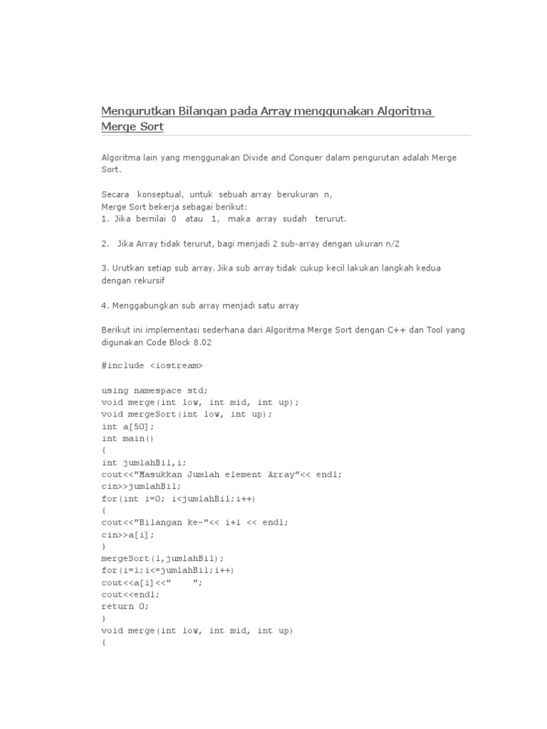 Mengurutkan Bilangan Pada Array Menggunakan Algoritma Merge Sort | PDF | Metode & Bahan Ajar ...