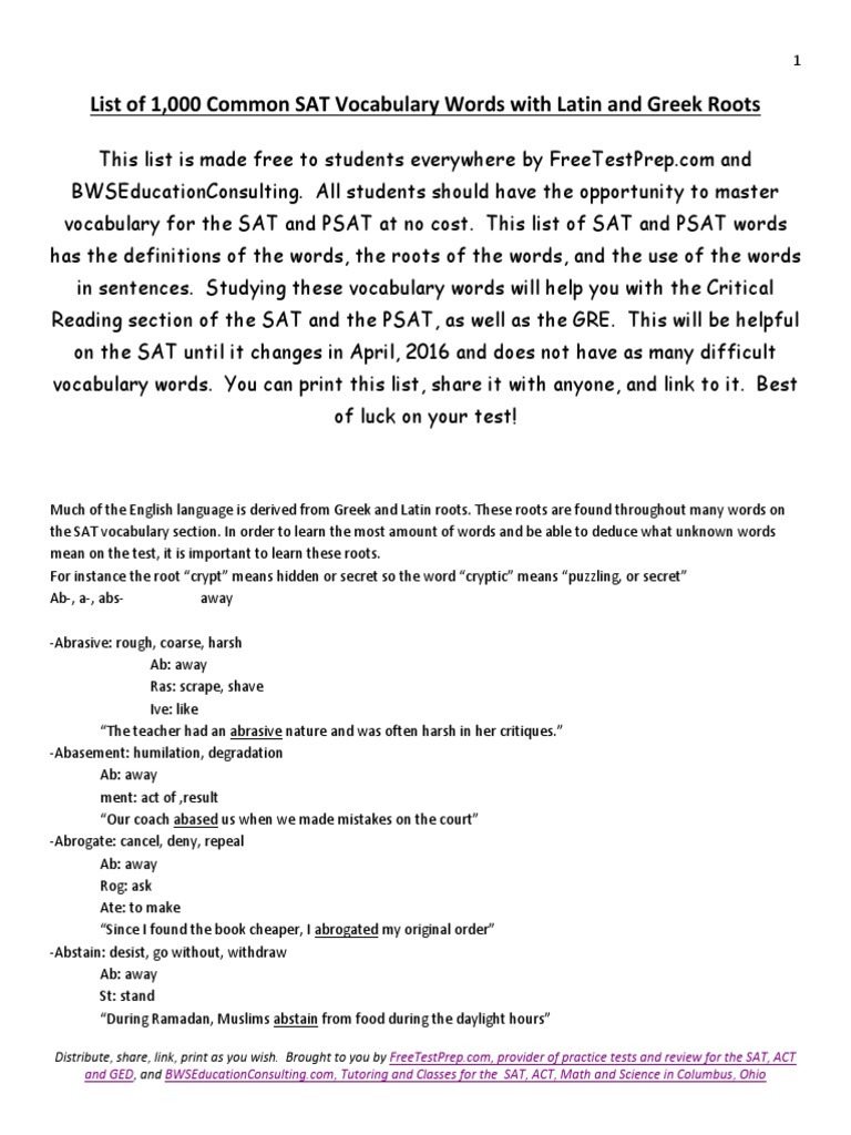 List of 1,000 Common SAT Vocabulary Words With Latin and Greek Roots ...