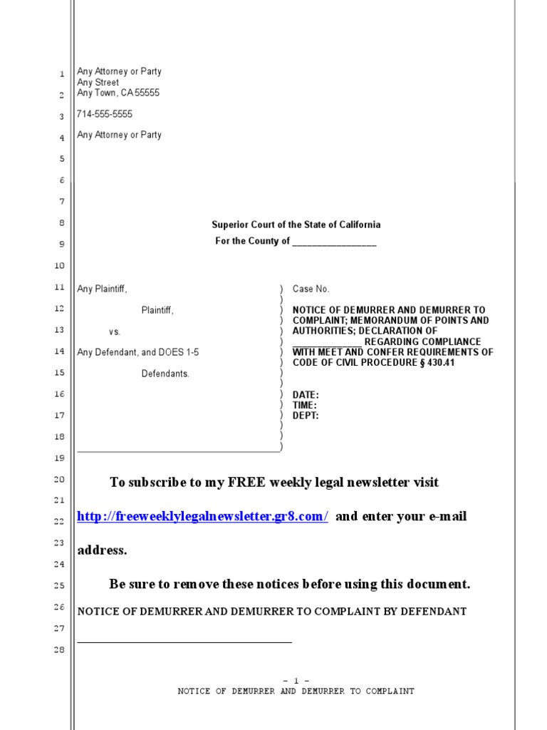 Sample Demurrer To Complaint For Breach of Contract For California ...