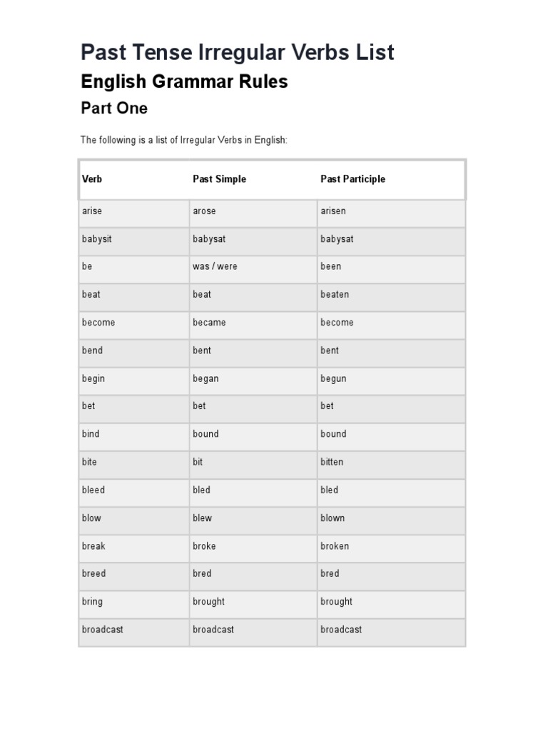 Past Tense Irregular Verbs List | PDF | Linguistic Typology | Language ...