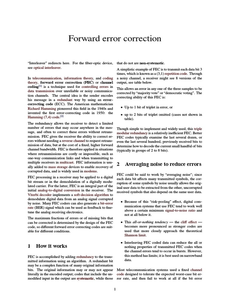 Forward Error Correction Pdf Forward Error Correction Error Detection And Correction