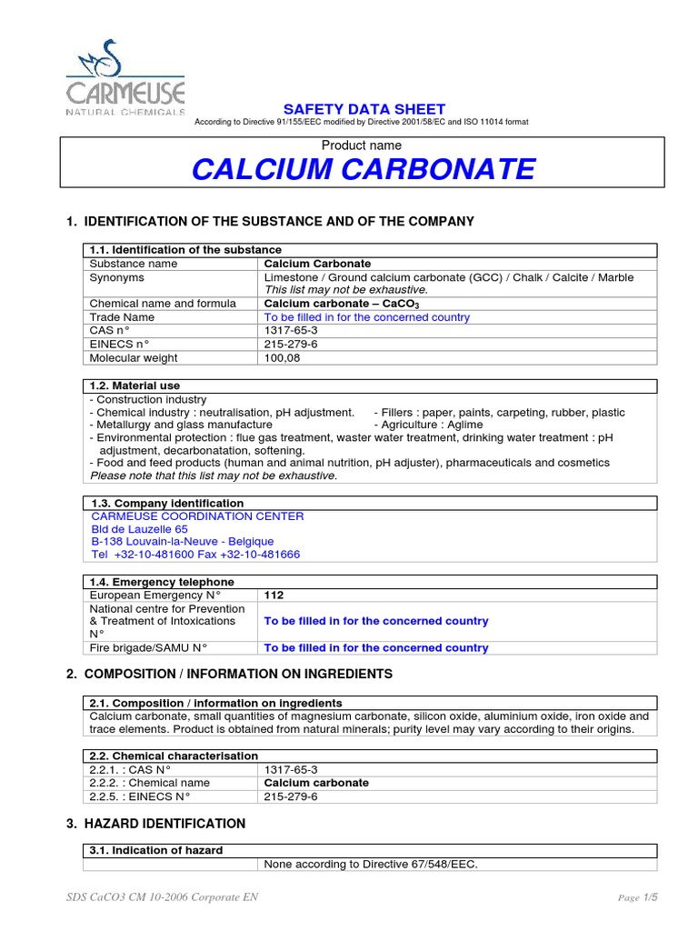 Safety Sheet For Caco3 | PDF | Chemical Substances | Materials