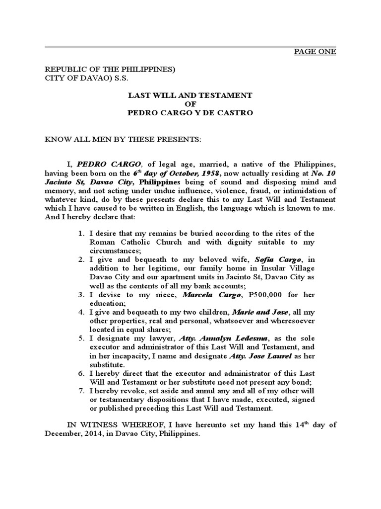 Last Will and Testament of Pedro Cargo (Practice Court) | PDF | Will And Testament | Wills And Trusts