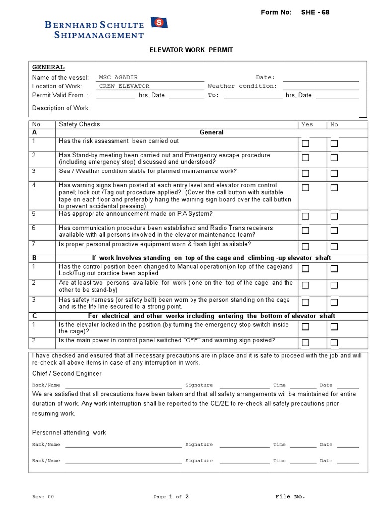 SHE 68 - 9589 - Elevator Work Permit | PDF | Elevator | Safety
