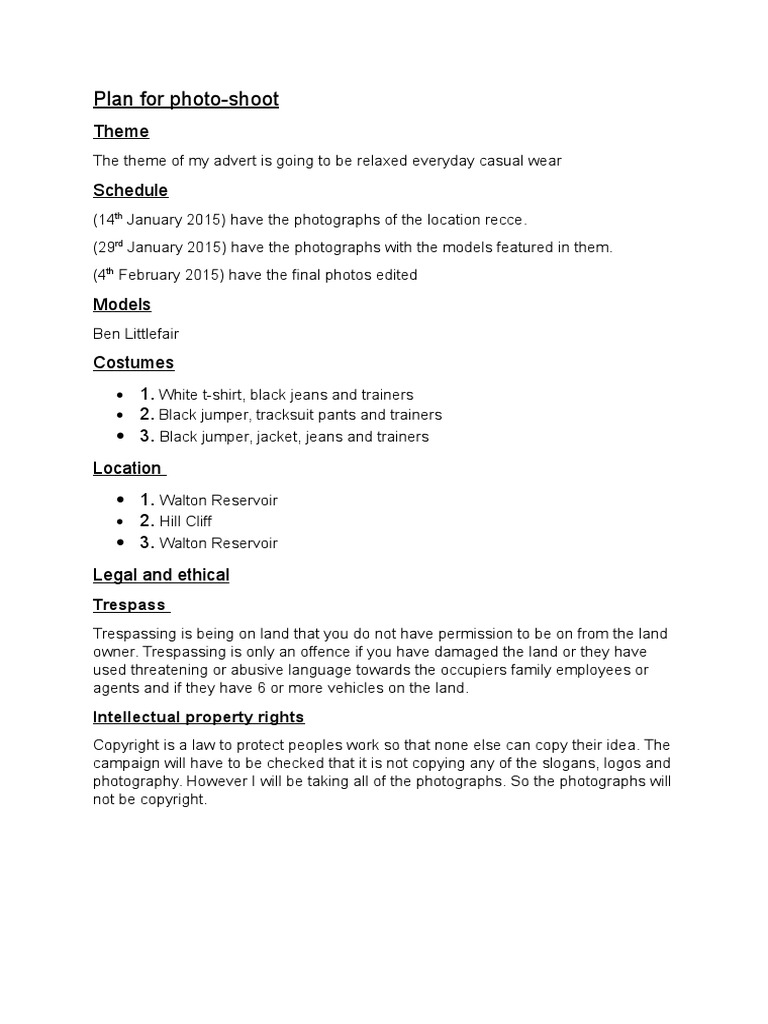 Plan For Photoshoot | PDF