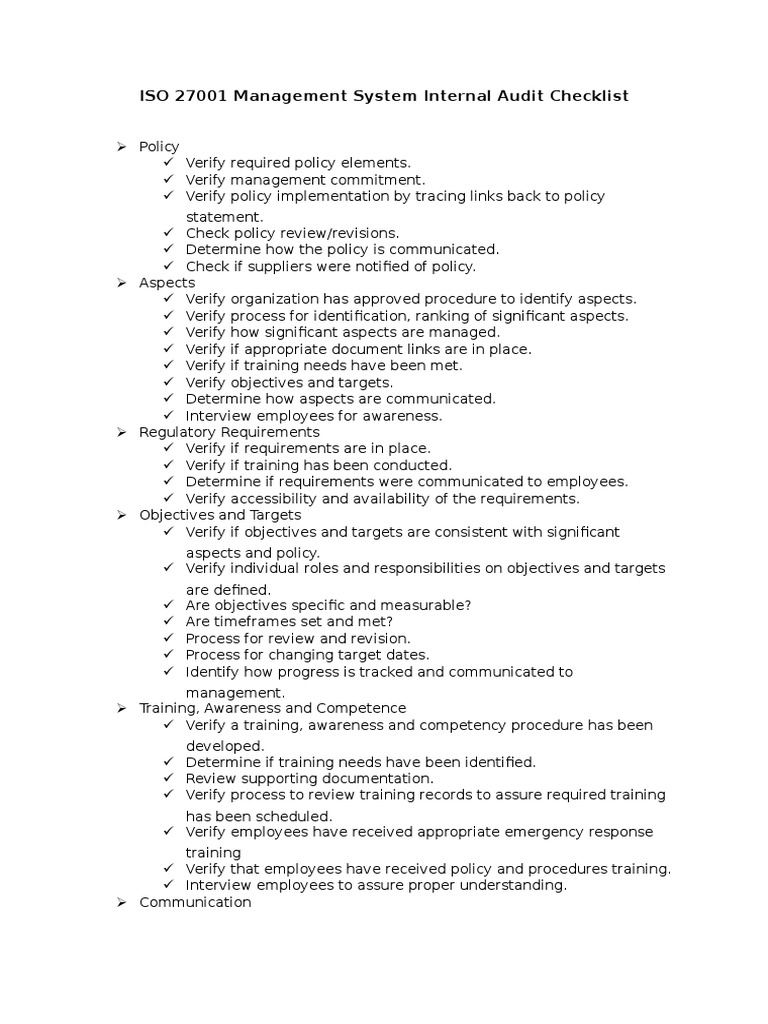 ISO 27001 Internal Audit Checklist | Internal Audit | Audit