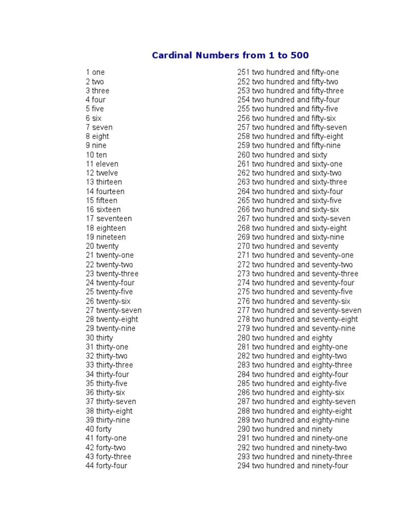 Cardinal Numbers From 1 To 500 | PDF | Lexicology | Mathematical Notation