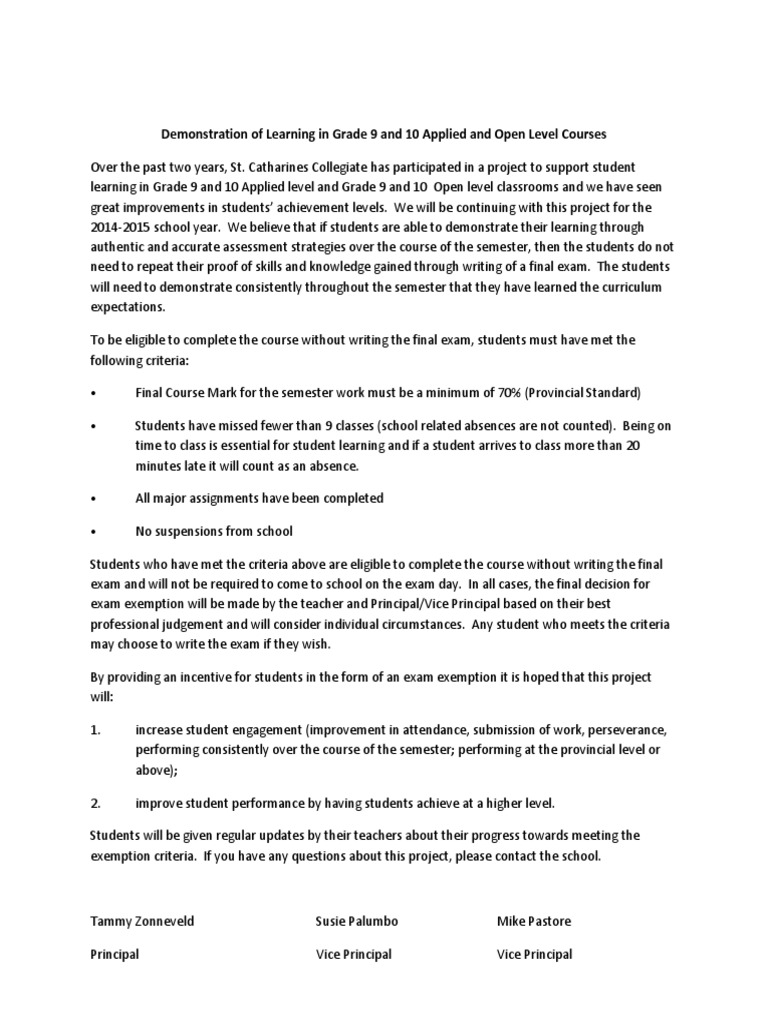 Grade 9-10 Exam Exemption Criteria | PDF