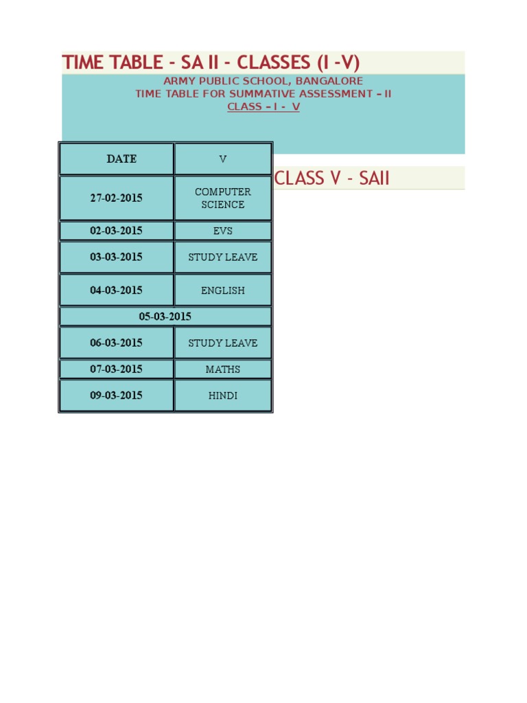 Time Table - Sa Ii - Classes (I - V) | PDF