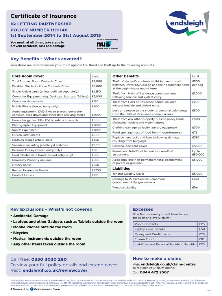 Iq Student Accommodation Endsleigh Insurance 2014-15 | PDF | Laptop ...