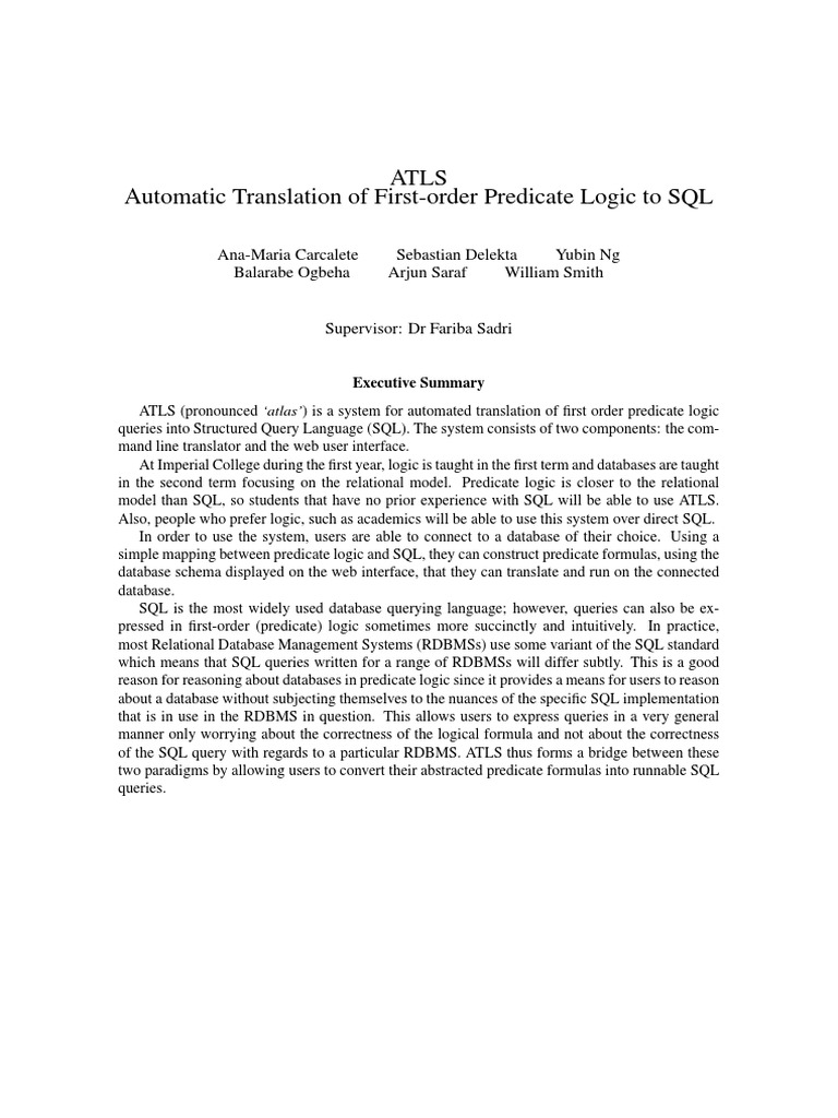 Automatic Translation of First-Order Predicate Logic To SQL | PDF | Sql ...