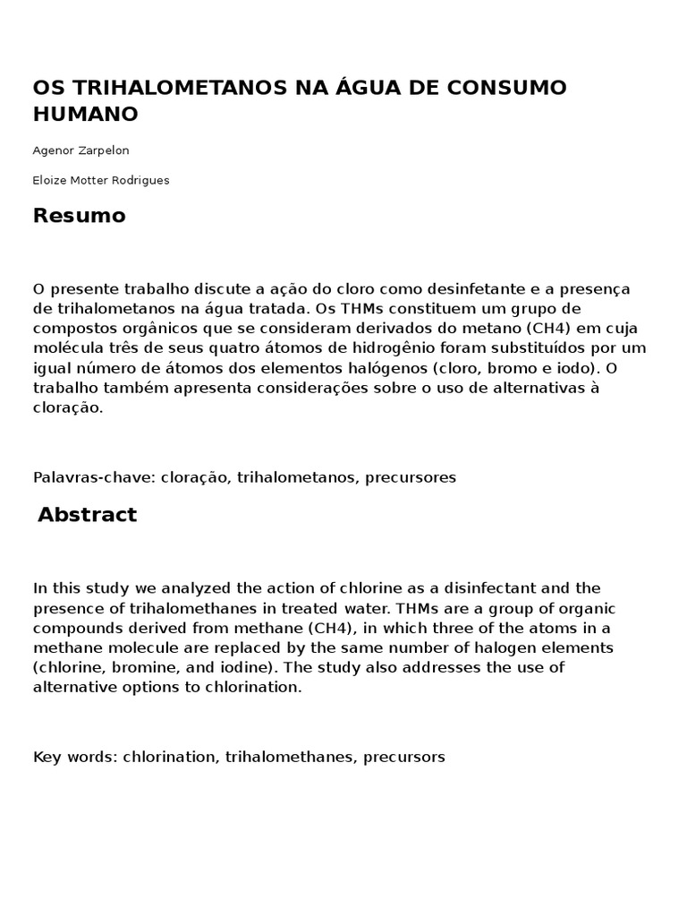 Os Trihalometanos Na Água de Consumo Humano | PDF | Cloro | Ácido