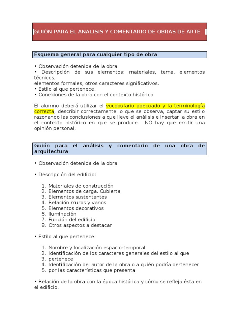Guión para El Analisis y Comentario de Obras de Arte | Pinturas | Escultura