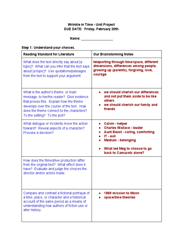 Wrinkle in Time Unit Project Guide | PDF