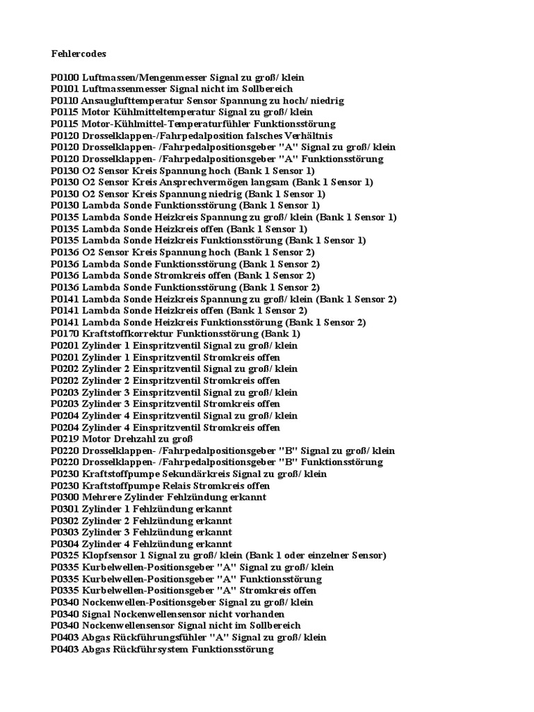 Fehlercodes Opel Agila