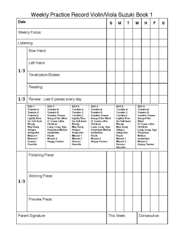 Practice Sheet Suzuki Violin Book 1 | PDF | Violin | Friction Musical ...