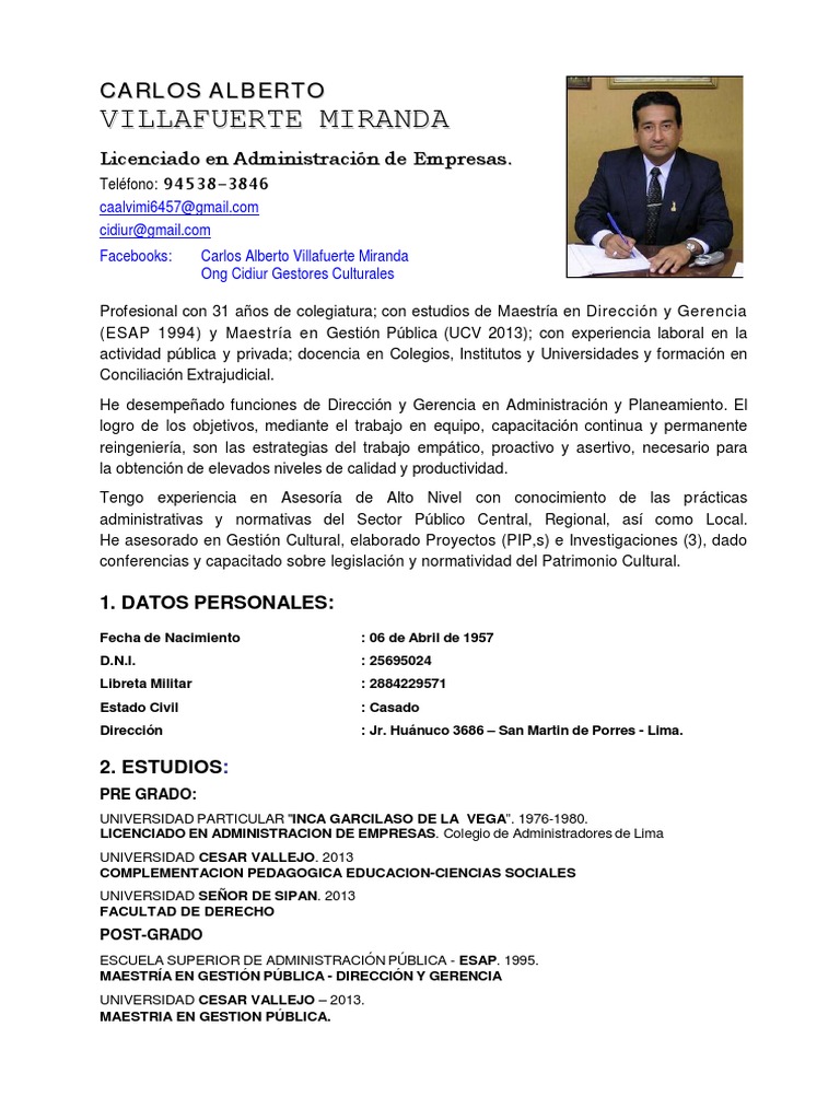 Carlos Alberto Villafuerte Miranda, Hoja de Vida | PDF | Universidad | Lima