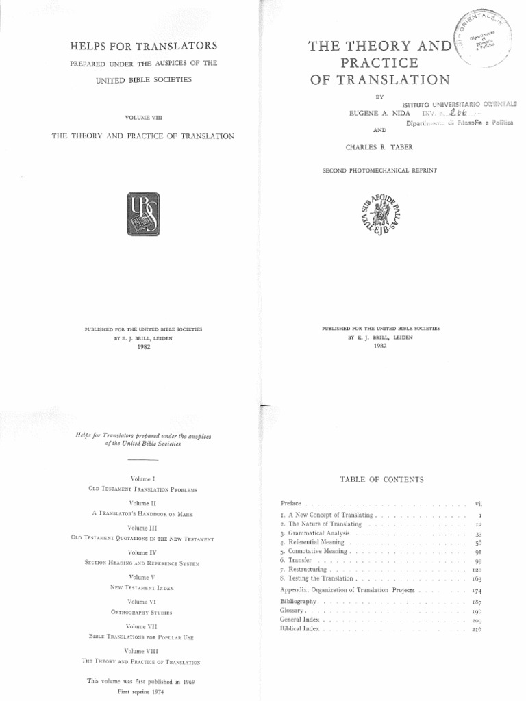 Nida, Eugene (1969) The Theory and Practice of Translation PDF | PDF