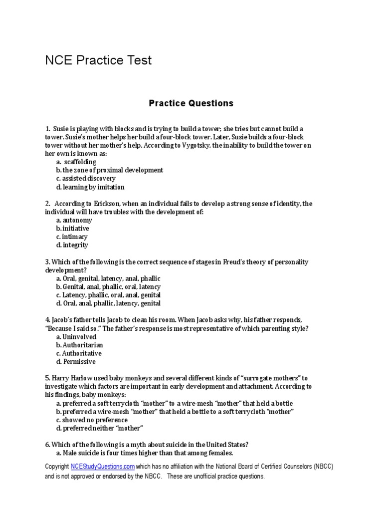 Nce Practice Test | PDF | Type I And Type Ii Errors | Psychotherapy