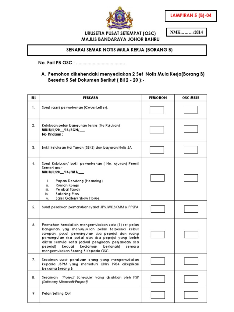 Senarai Semak Notis Mula Kerja (Borang B) | PDF