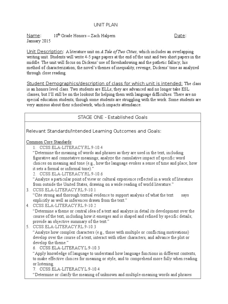 A Tale of Two Cities Unit Plan | PDF | Reading Comprehension | Linguistics