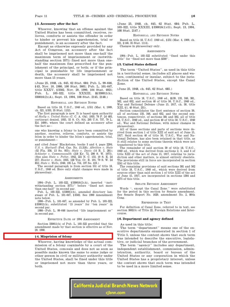 Misprision of Felony 18 USC 4 - Title 18 Crimes and Criminal Procedure ...