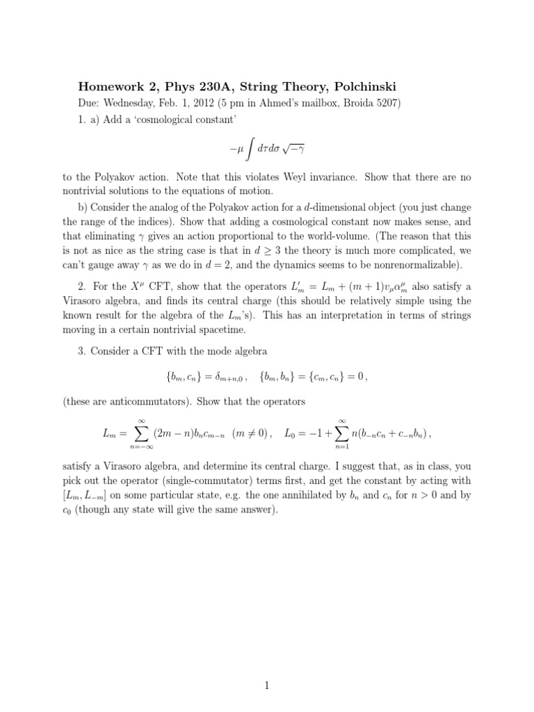 Homework 2, Phys 230A, String Theory, Polchinski | PDF