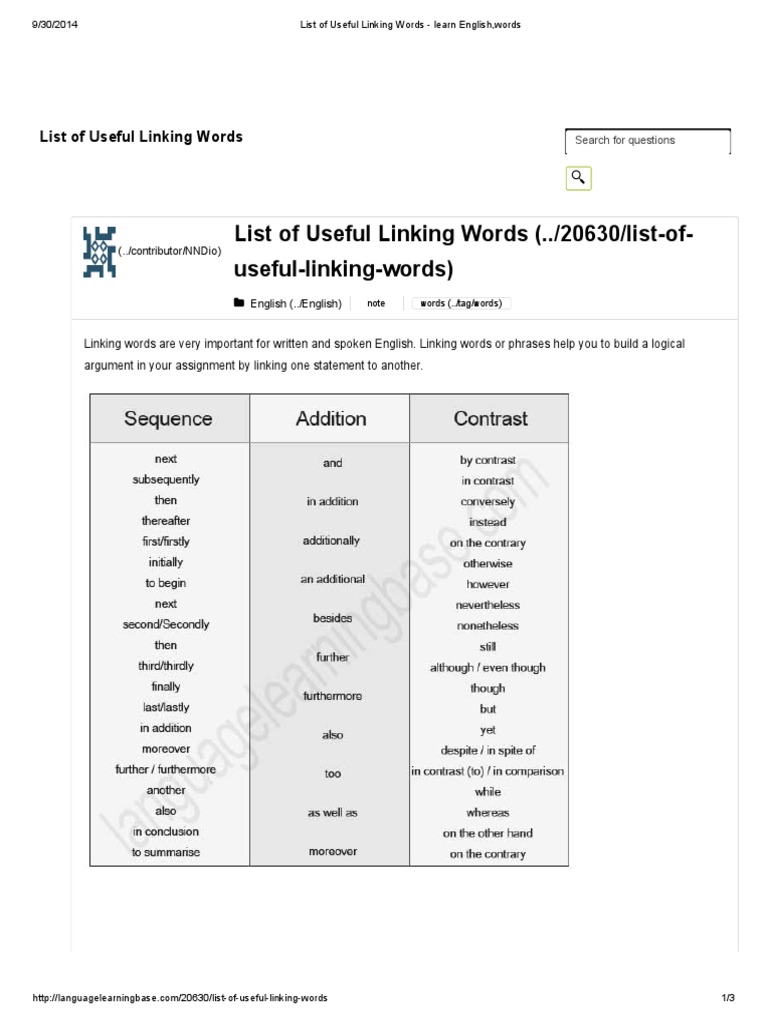 List of Useful Linking Words - Learn English, Words | PDF | Language ...