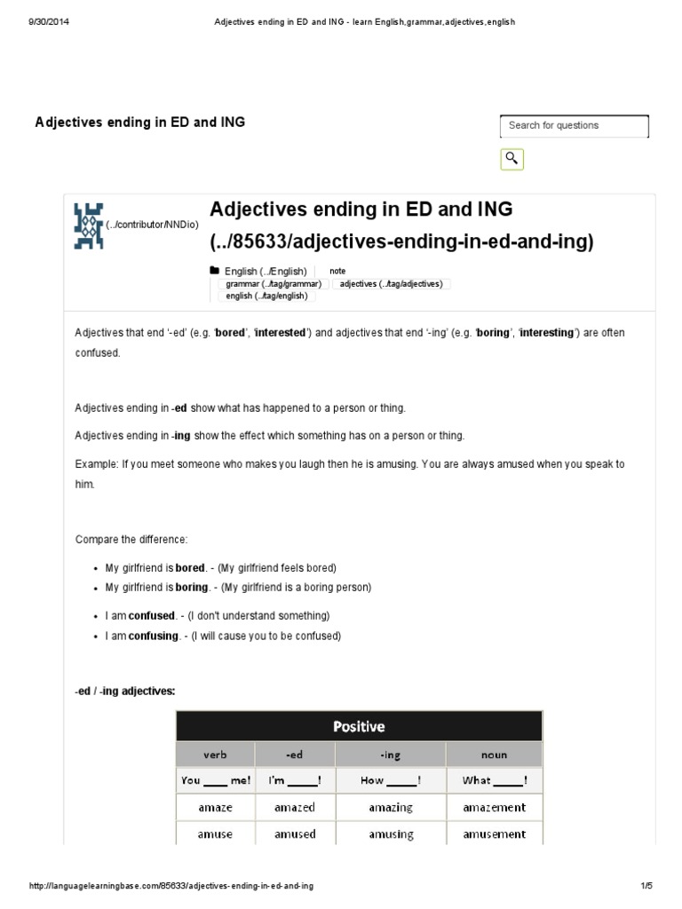 Adjectives Ending in ED and ING - Learn English, Grammar, Adjectives ...