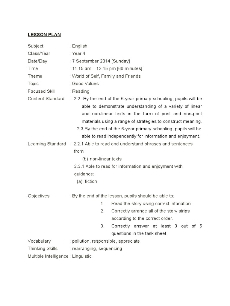 LESSON PLAN Year 4 Reading Good Values | PDF | Lesson Plan | Human ...