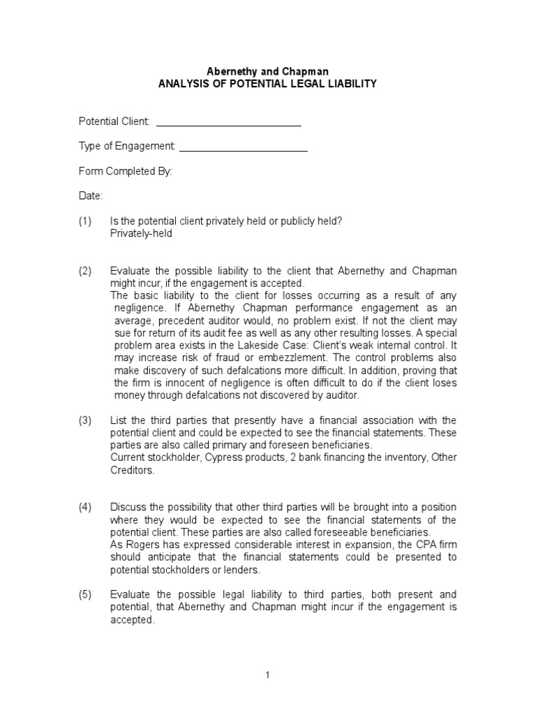 Analysis of Potential Legal Liability | PDF | Audit | Financial Statement